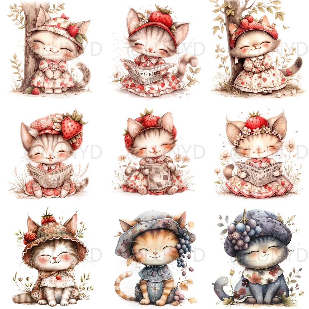26 Quirky Berry Cats Clipart Bundle, Funny Cat Clipart, Digital ...