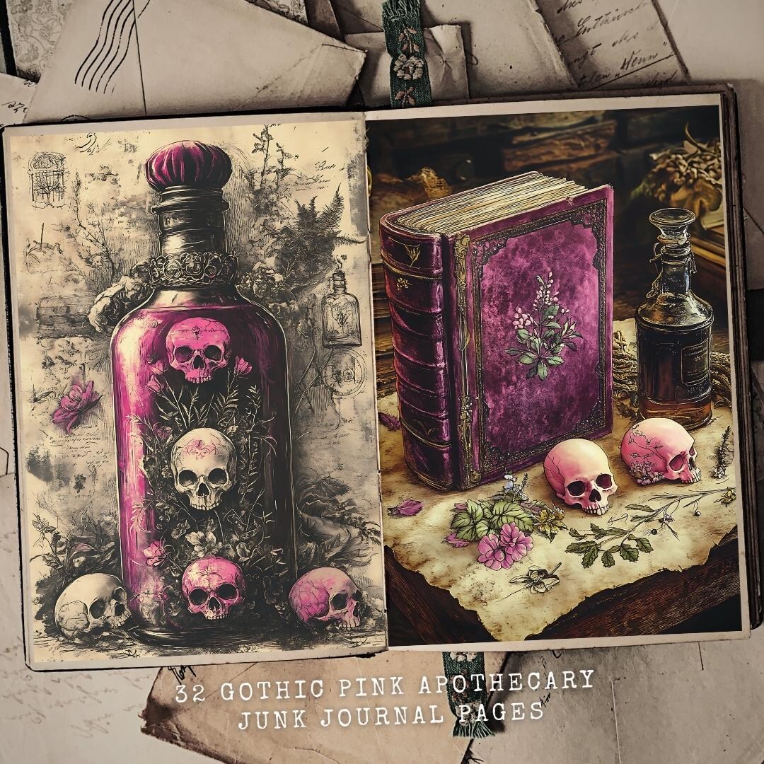 32 Gothic Pink Apothecary Digital Paper, Vintage Potion Bottles, Herb ...