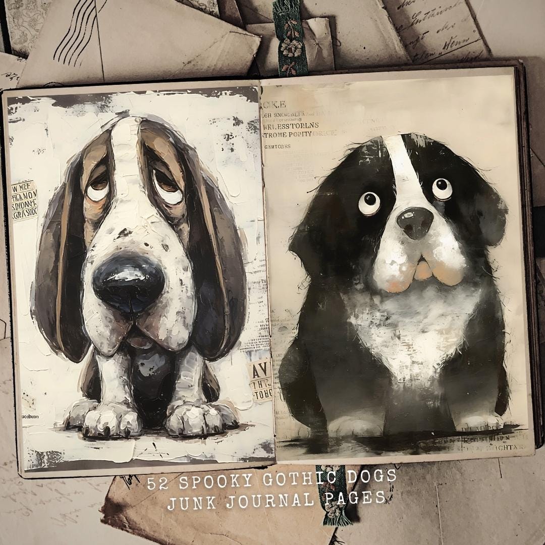 52 Spooky Gothic Dog Junk Journal Pages Cute Puppies and Fluffy Pup ...