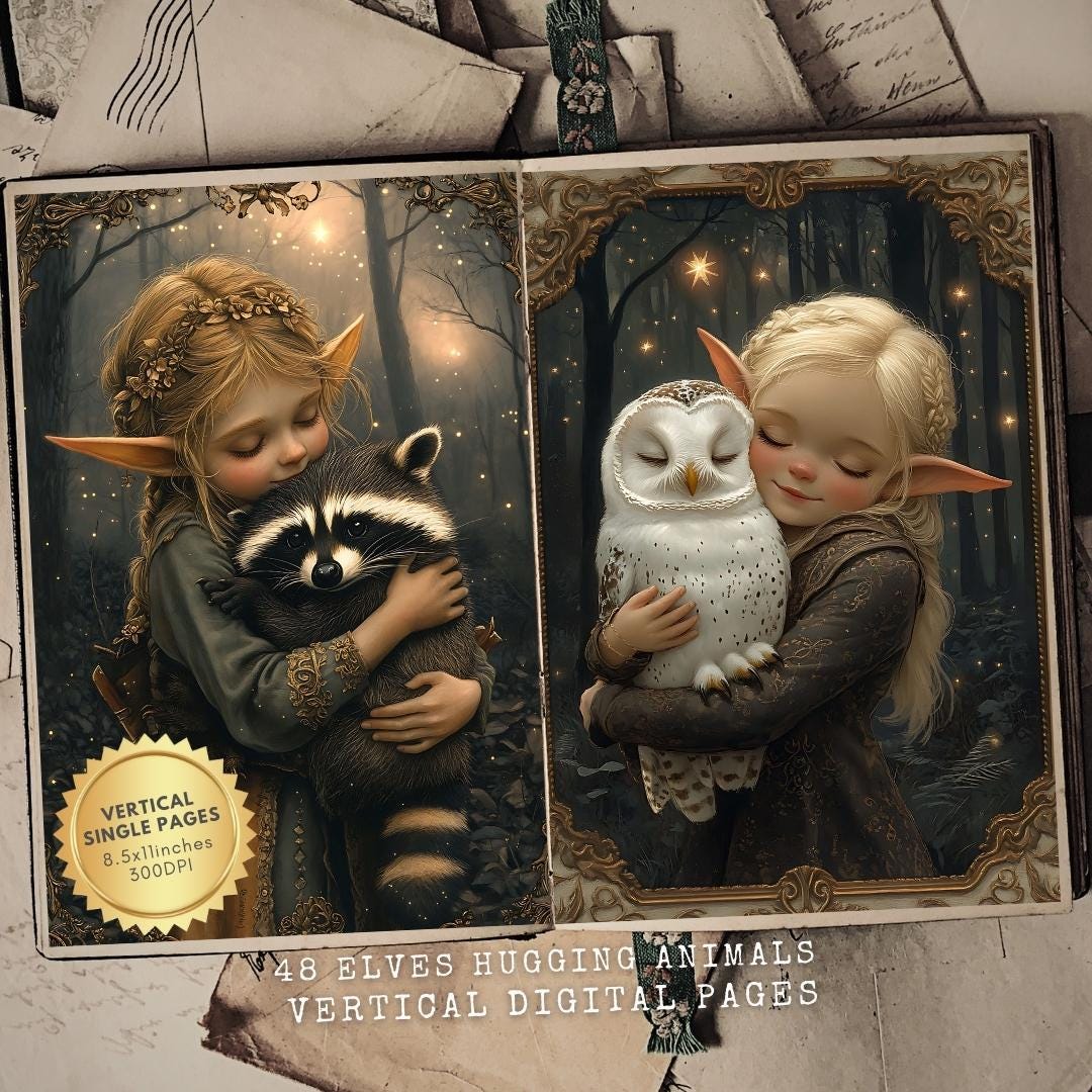 Woodland Fantasy Elf Forest Hugging Animals Junk Journal Printable ...
