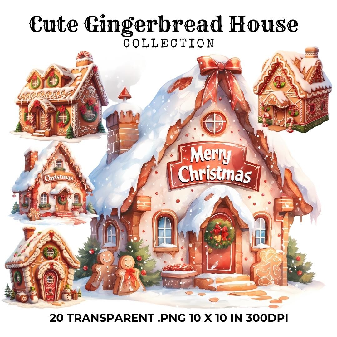 20 Gingerbread house clipart, Christmas clipart, Printable Watercolor ...