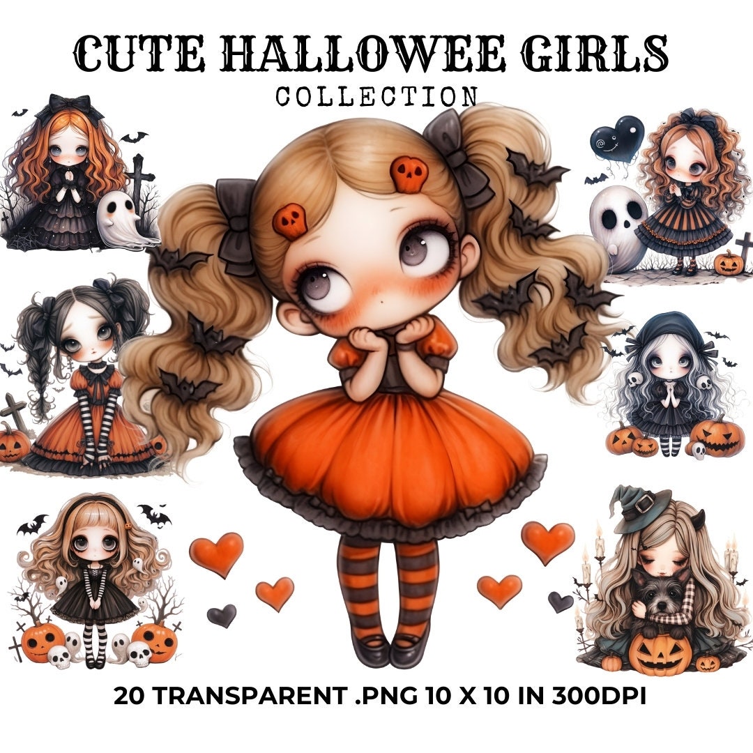 20 Cute Halloween Girls clipart Bundle,spooky Clipart, Digital Download ...