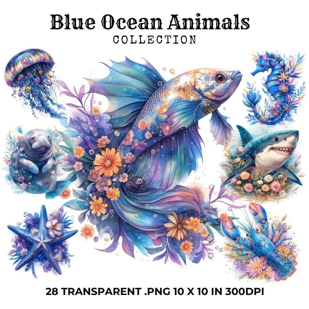 Watercolor Sea Animals Clipart: Blue Ocean (digital Download) - Etsy