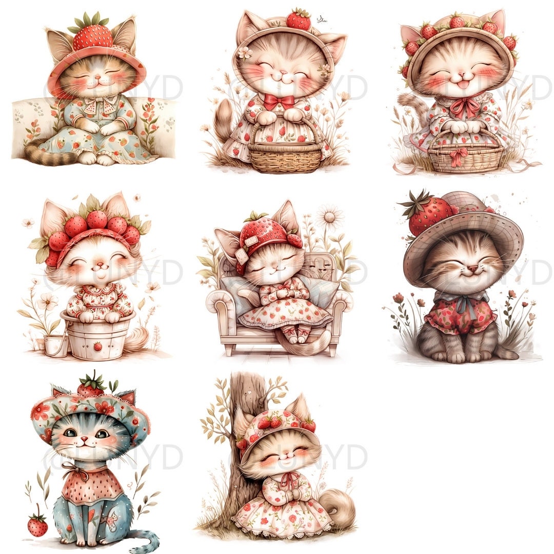 26 Quirky Berry Cats Clipart Bundle, Funny Cat Clipart, Digital ...