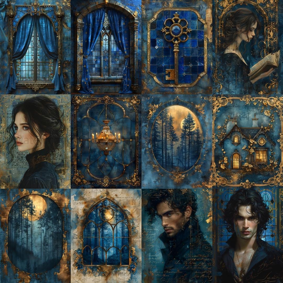 48 Blue Enchanted Forest Digitaljunkjournalkit Blue and Gold Papers 8 ...