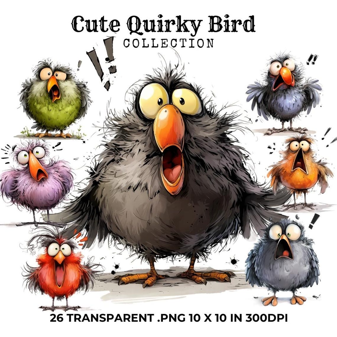 Crazy Quirky Bird Clipart, Mixed Media Quirky Bird Clip Art, Cute ...