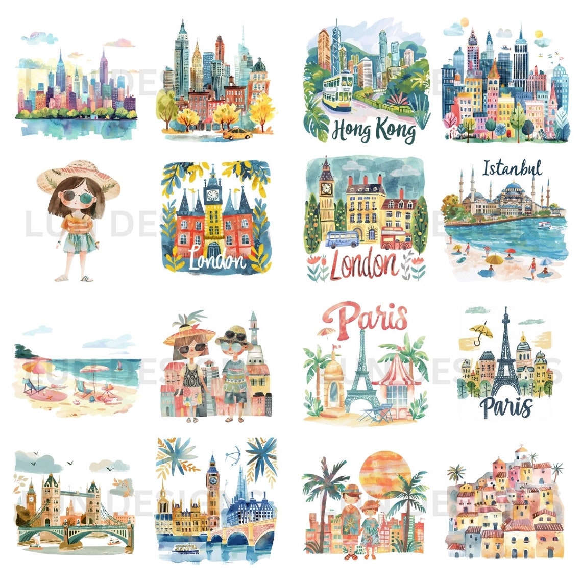 36 Summer City Cliparts,watercolor Clipart, Digital Download ...