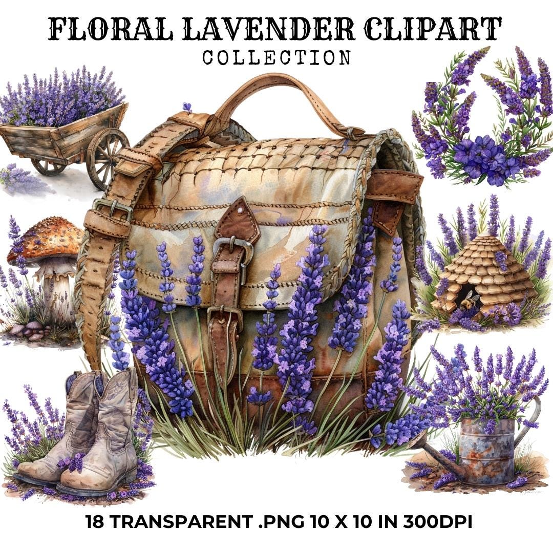 Floral Lavender Watercolor Clipart Bundle: 18 PNG Graphics (digital ...