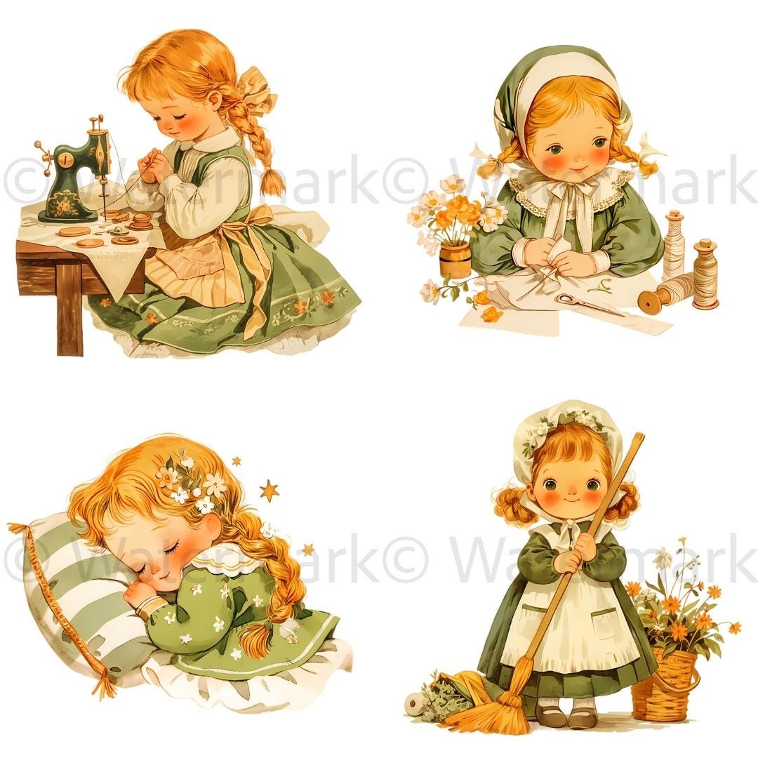 20 Cute Vintage Dolls Clipart Bundle, Watercolor Baby Girl, Digital ...