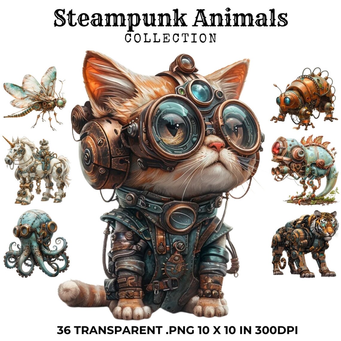 36 Steampunk Animals Clipart Bundle, Steampunk Clipart, Digital ...