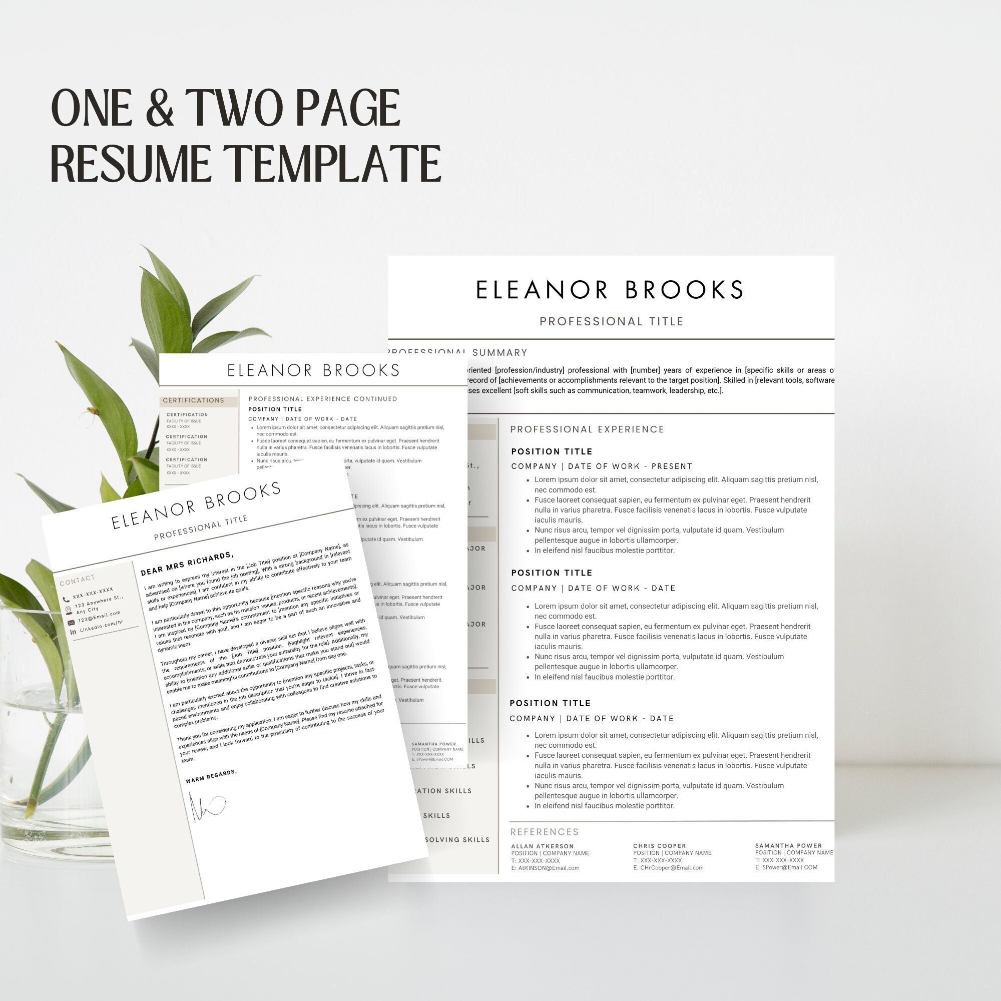 Professional Clean Resume Template, One Page + Two Page + Cover Letter ...