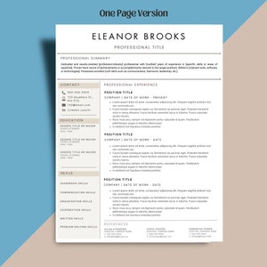 Professional Clean Resume Template, One Page + Two Page + Cover Letter ...