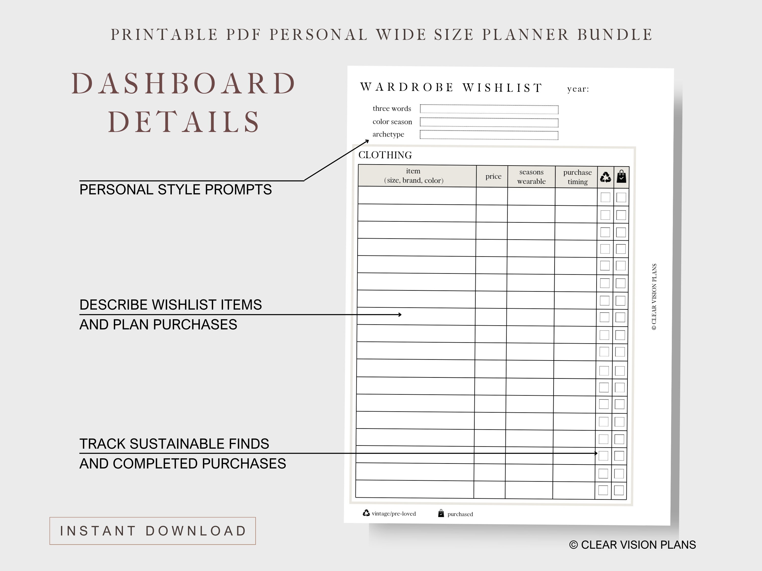 Personal Wide PRINTABLE Wardrobe Wishlist Purchase Tracker Insert ...