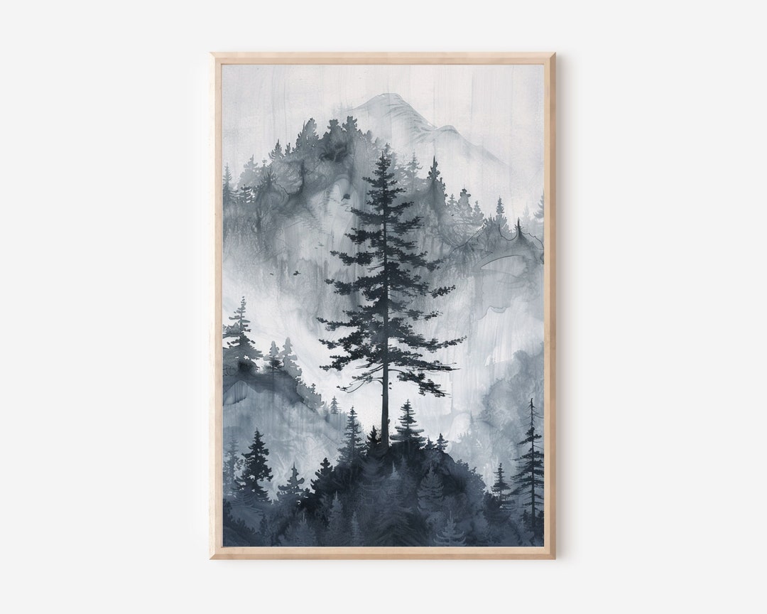 Misty Pine Forest Ink Painting Ethereal Japandi Ink Wash Technique - Etsy