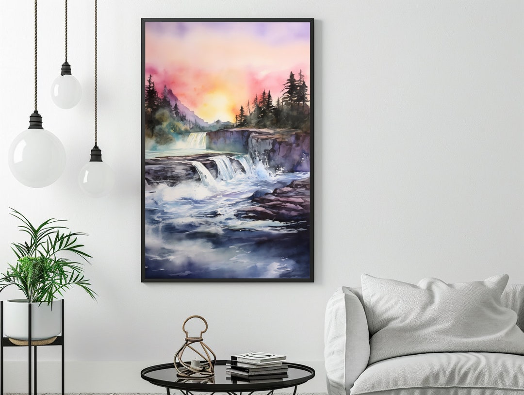 Serene Waterfall, Watercolor Painting, Minimalistic Wall Art, Waterfall ...