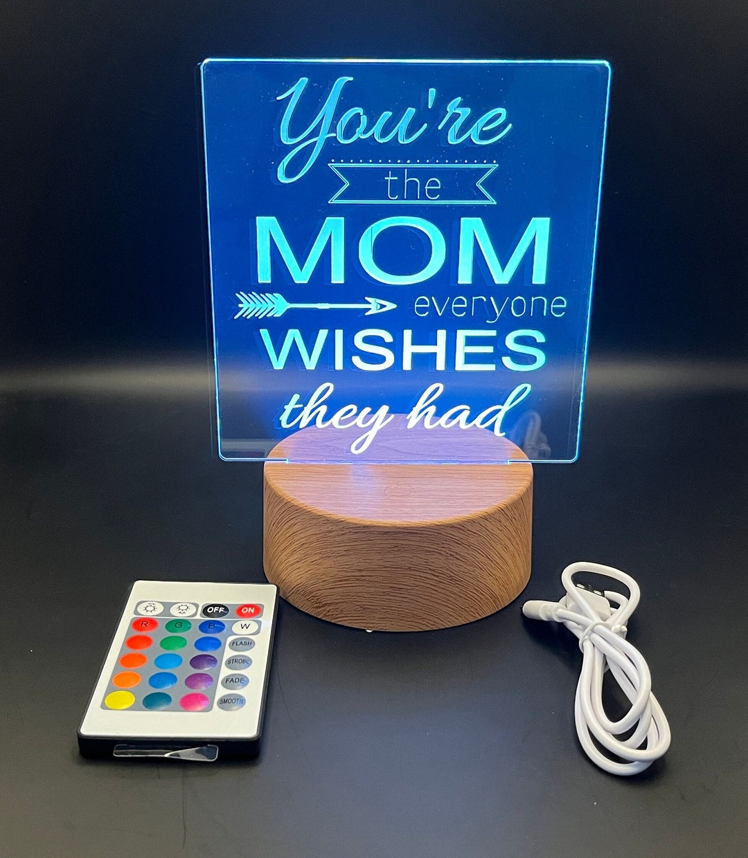 Acrylic Text Engraved Night Light, 16 Color 4 Mode LED Sign, Base Wood ...