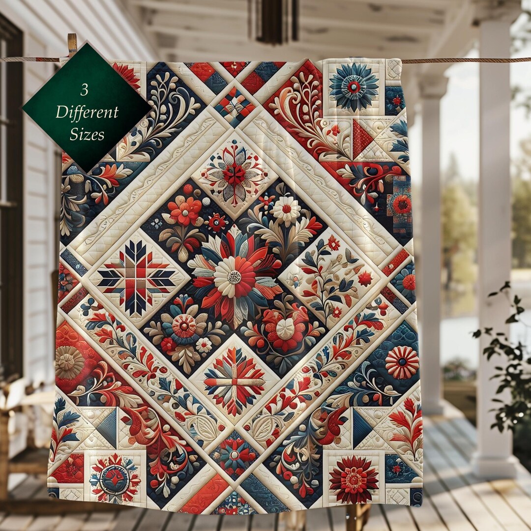 Velveteen Blanket: Timeless Americana Red White Blue Floral Patchwork ...