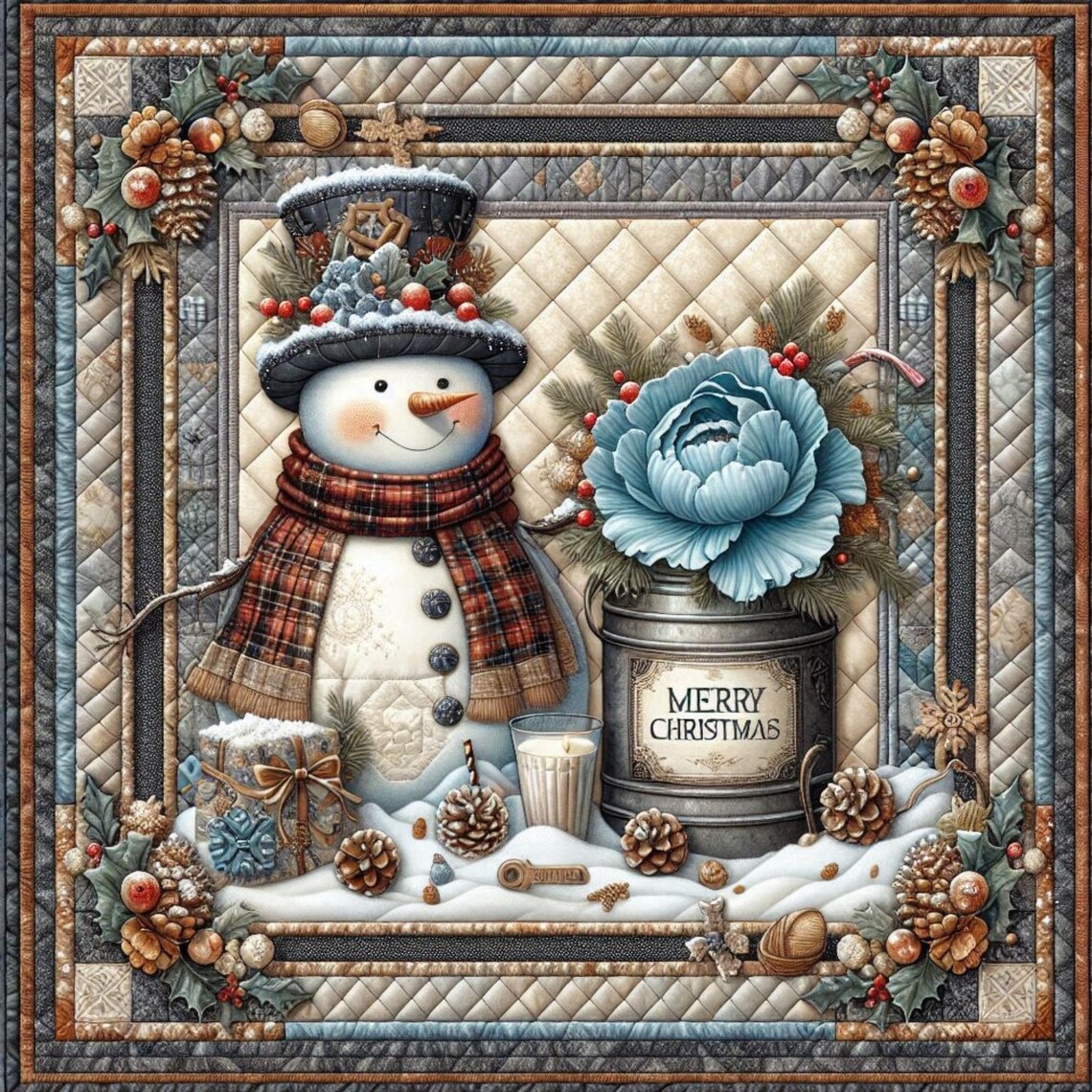 Snowman Floral Fabric Panel: Holiday Blooms, Winter Quilting - Etsy