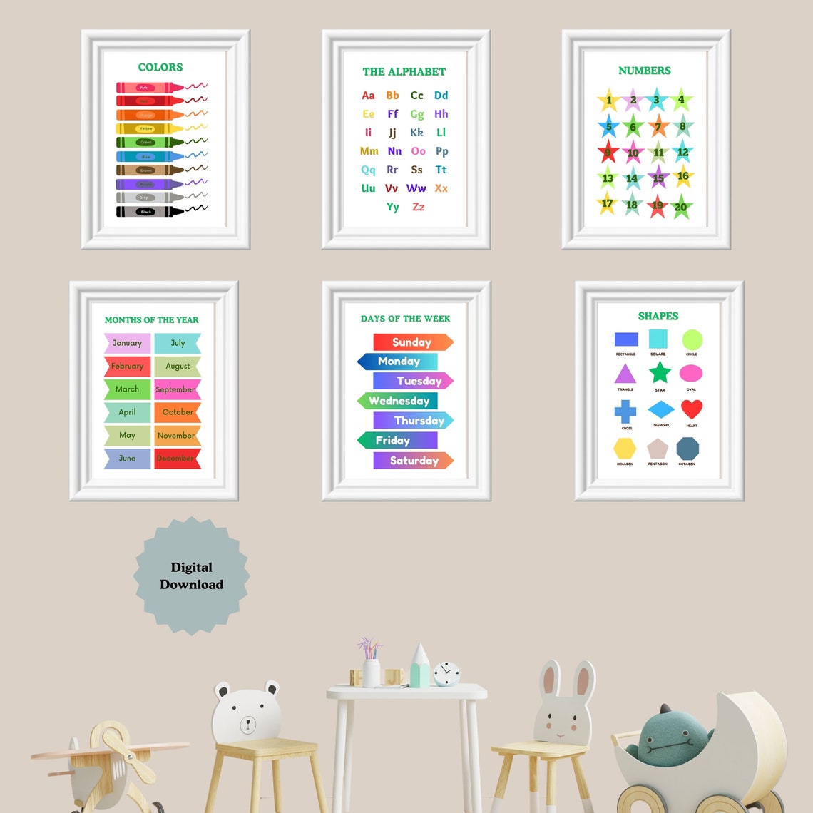 Set of 7 Kids Educational Posters Learning Art Alphabet, Numbers, Color ...