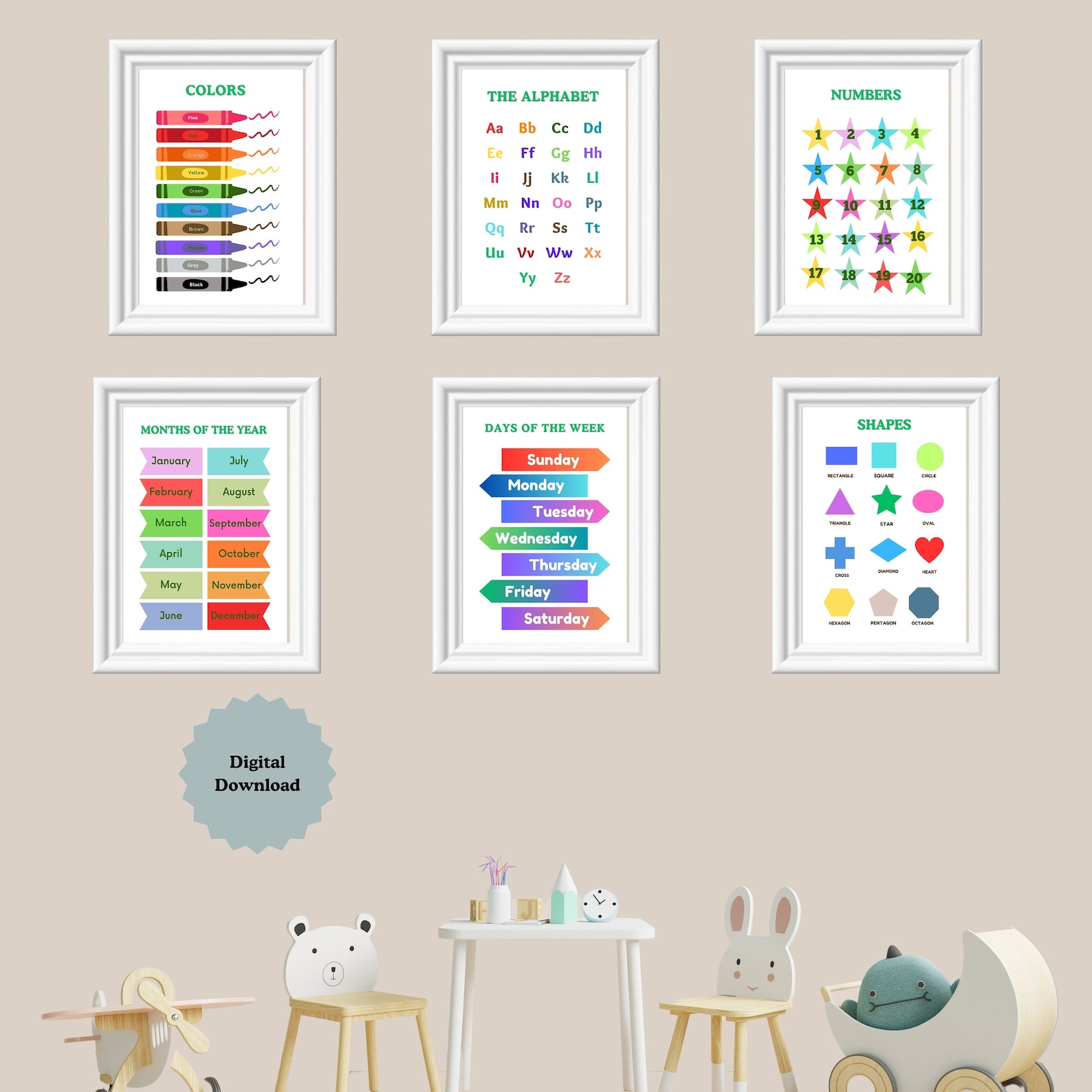 Set of 7 Kids Educational Posters Learning Art Alphabet, Numbers, Color ...