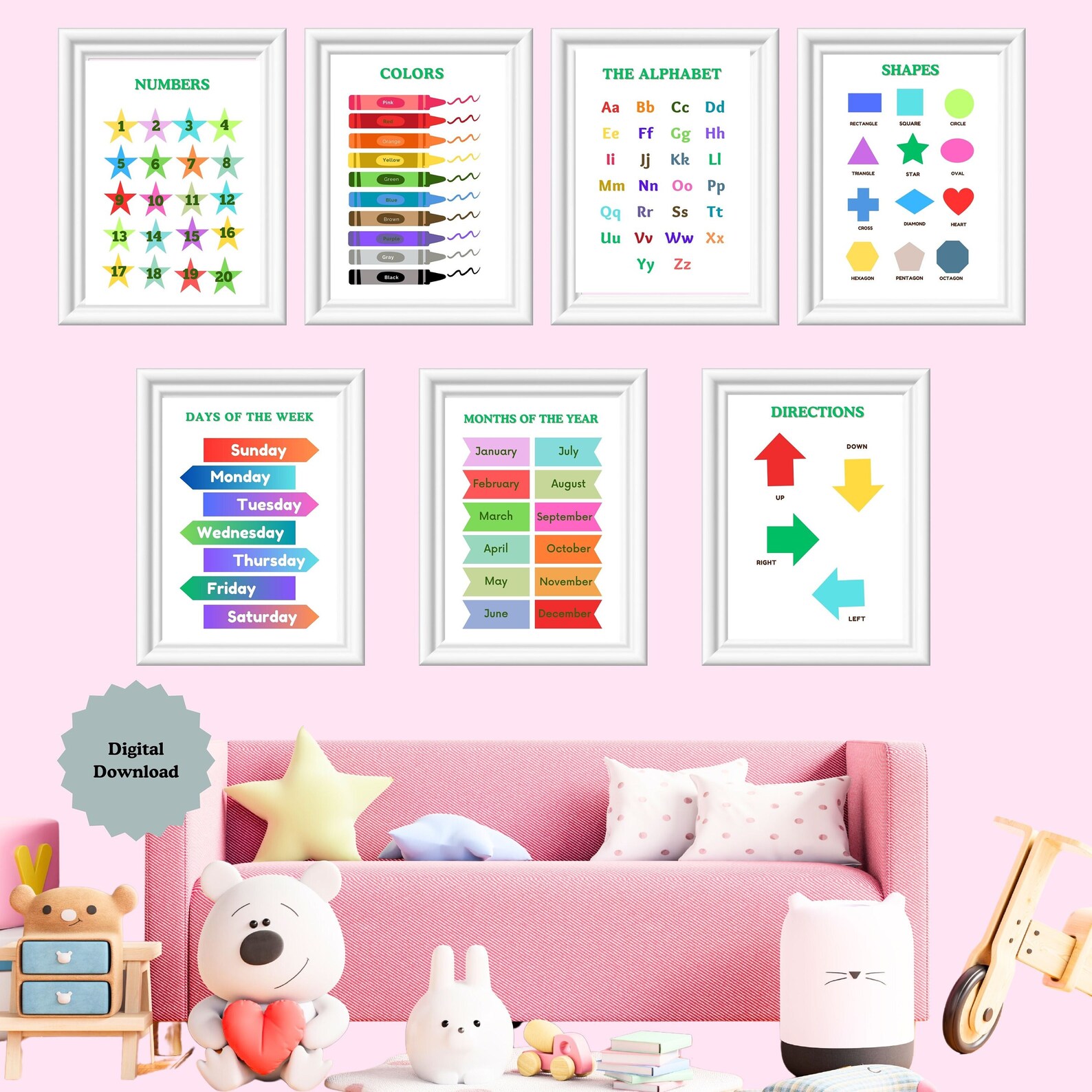 Set of 7 Kids Educational Posters Learning Art Alphabet, Numbers, Color ...