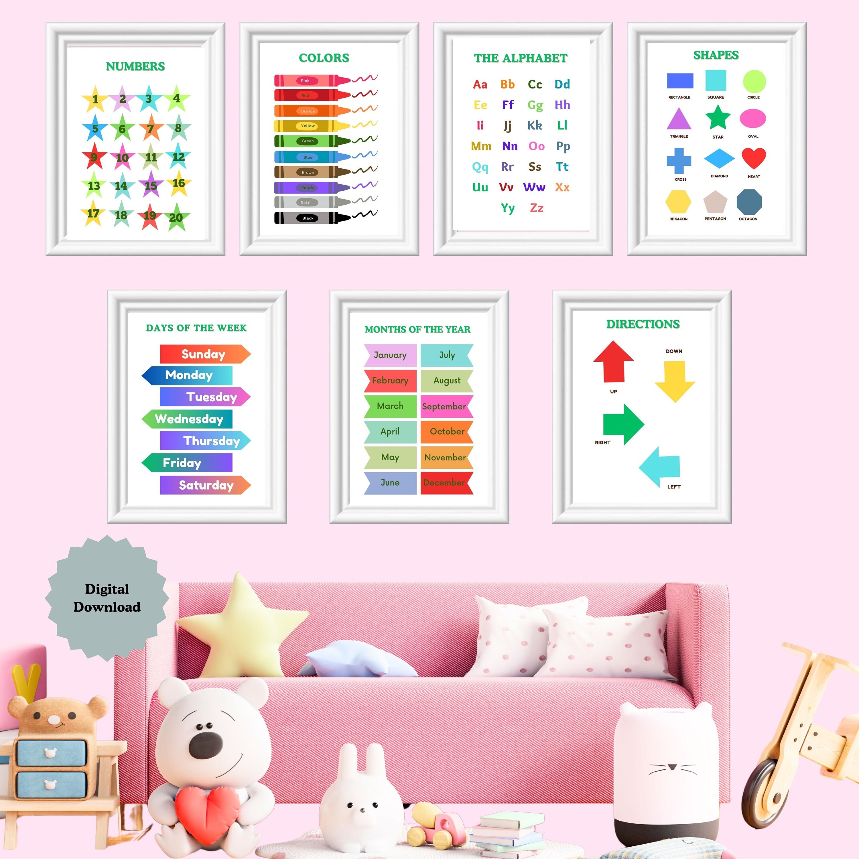 Set of 7 Kids Educational Posters Learning Art Alphabet, Numbers, Color ...