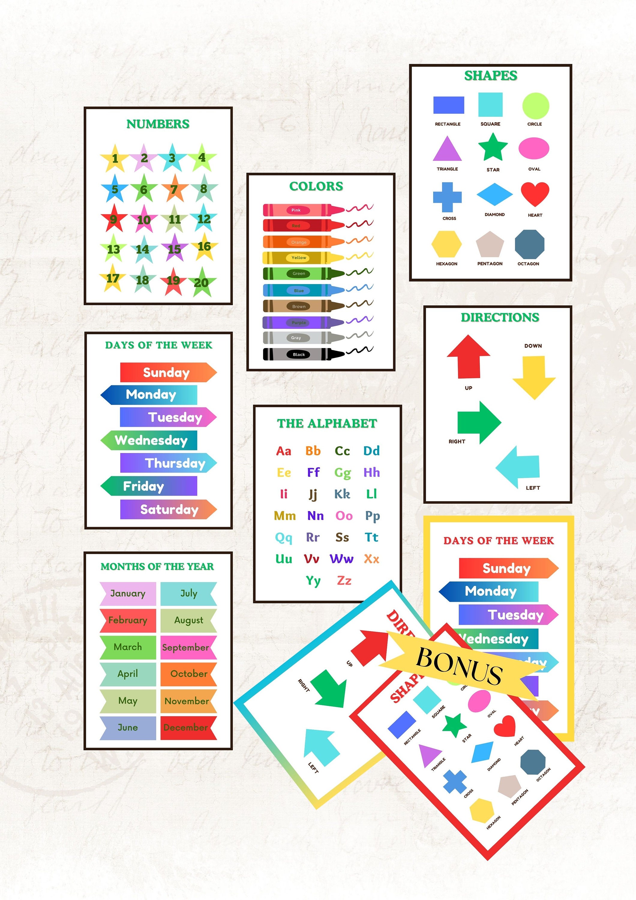 Set of 7 Kids Educational Posters Learning Art Alphabet, Numbers, Color ...