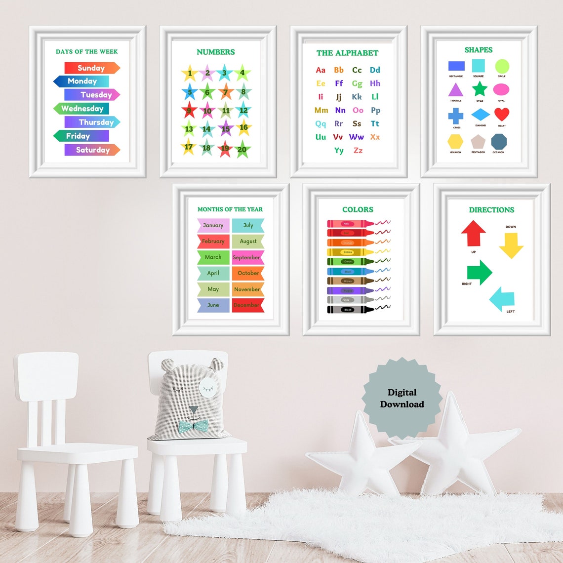 Set of 7 Kids Educational Posters Learning Art Alphabet, Numbers, Color ...