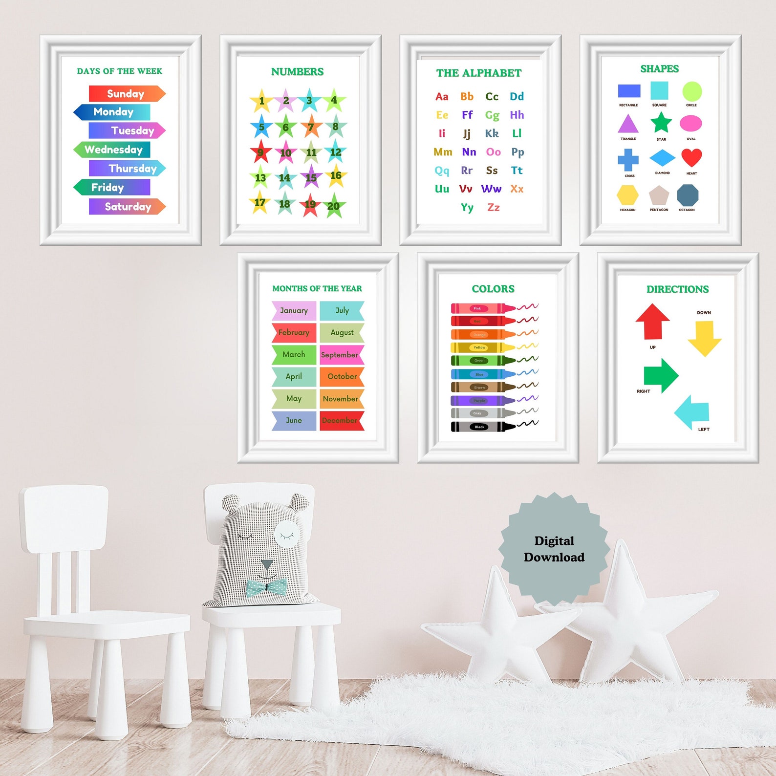Set of 7 Kids Educational Posters Learning Art Alphabet, Numbers, Color ...