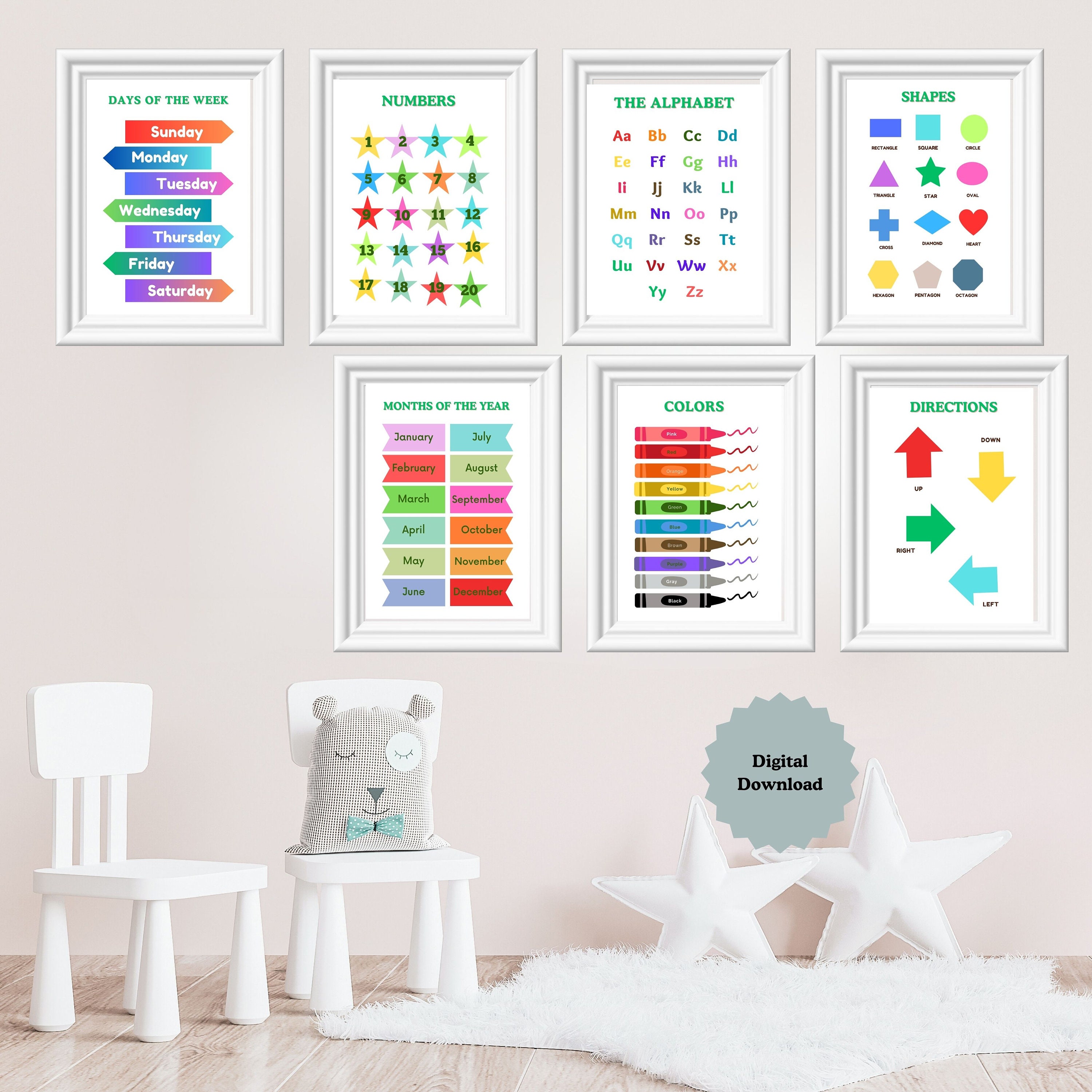 Set of 7 Kids Educational Posters Learning Art Alphabet, Numbers, Color ...