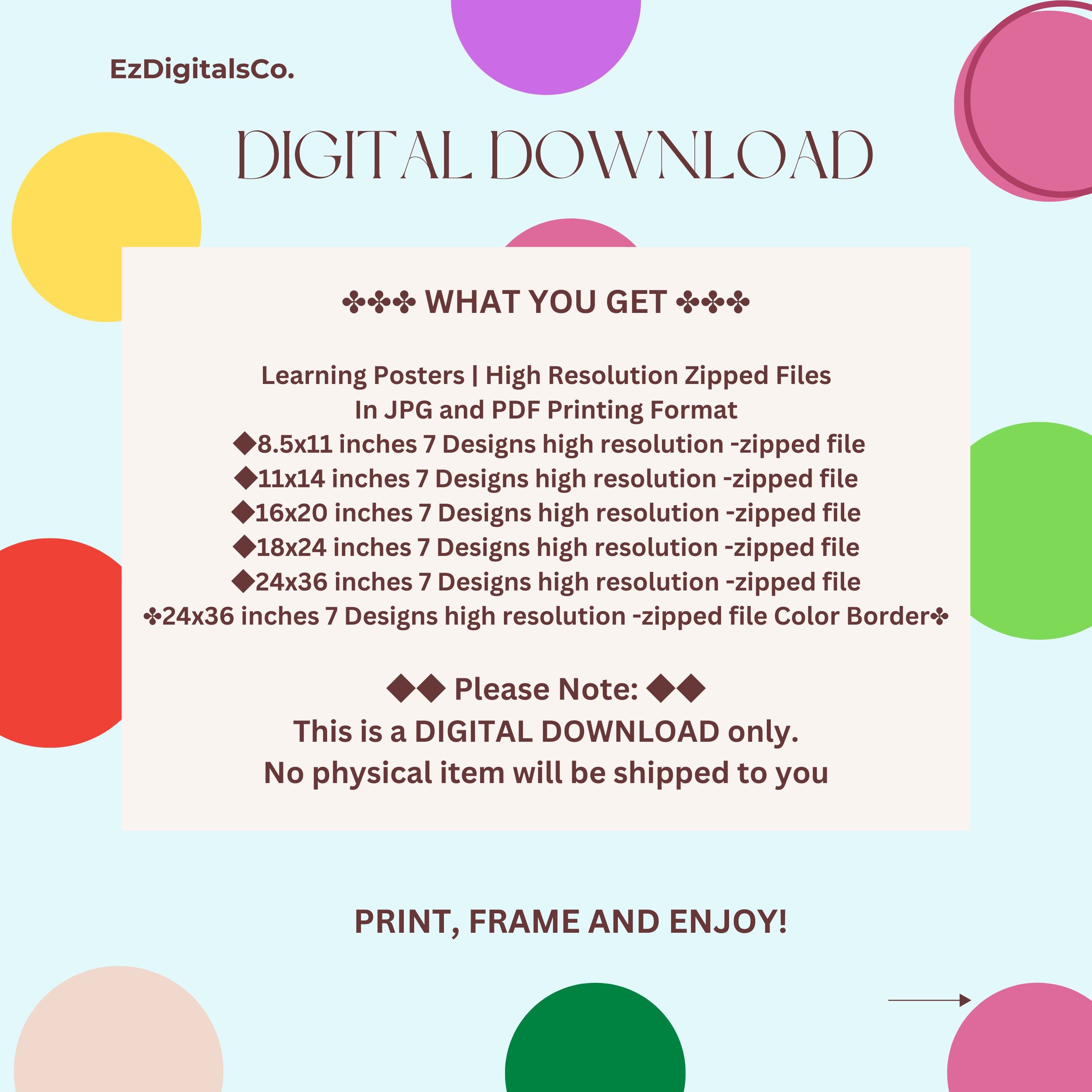 Set of 7 Kids Educational Posters Learning Art Alphabet, Numbers, Color ...