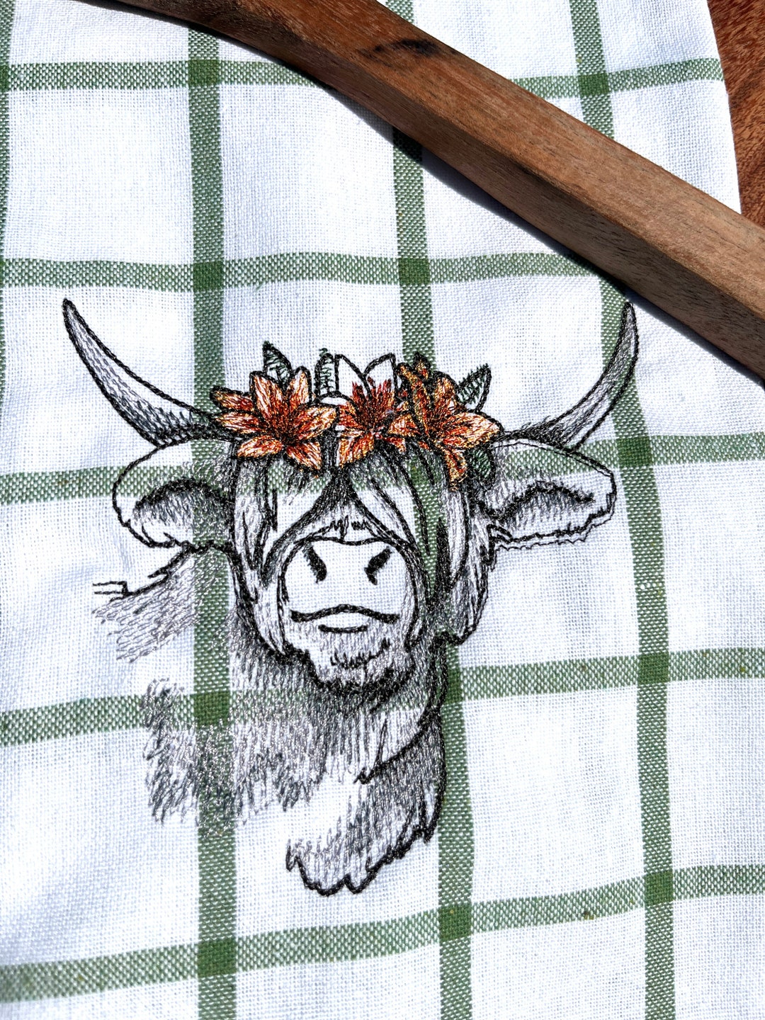 Highland Cow With Lilies Embroidered on Tea Towel - Etsy