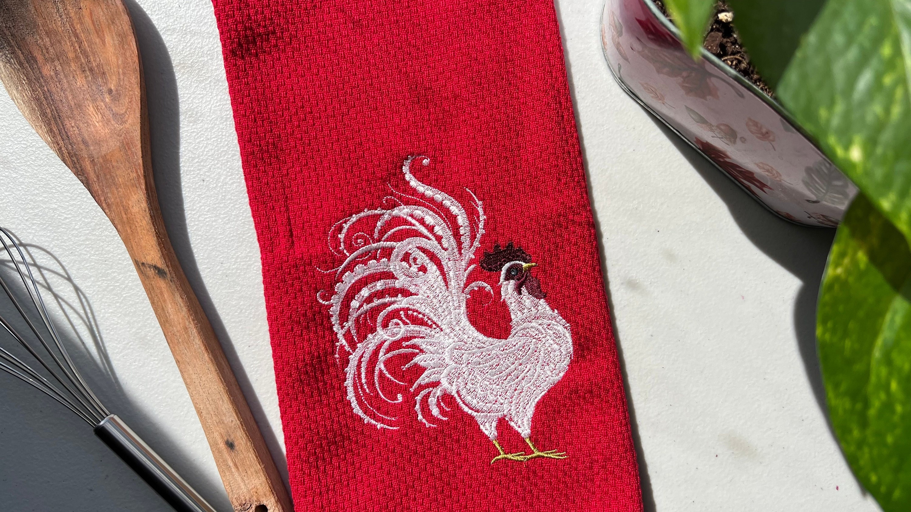 Farmhouse Decor, Embroidered Rooster Tea Towel, Detailed Lace Stitching ...