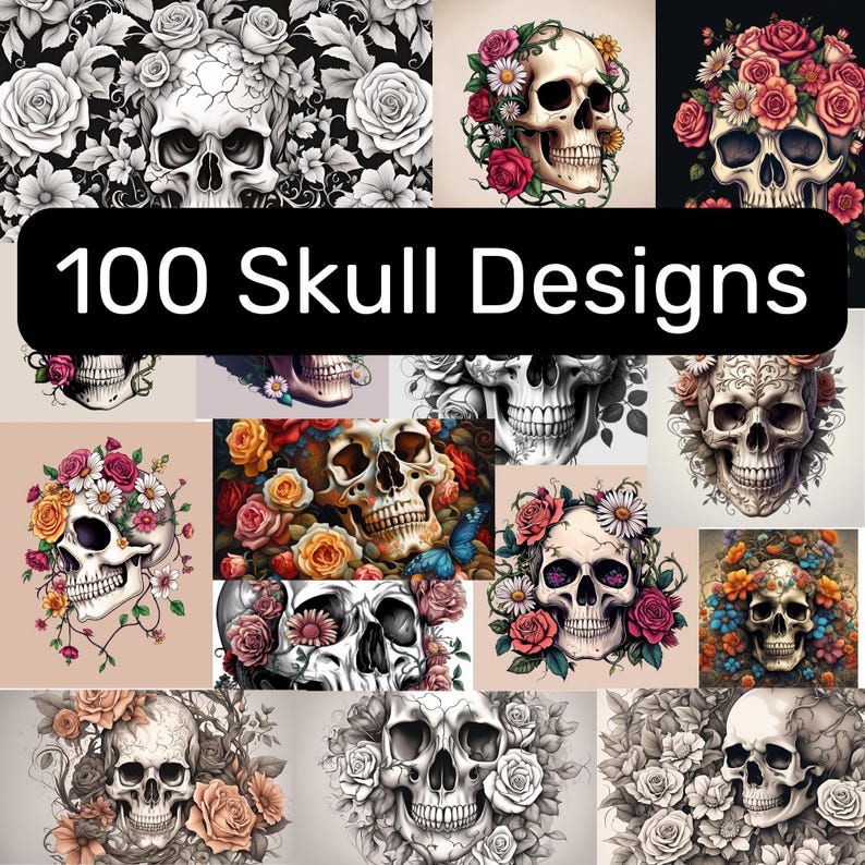Skull With Flowers Tshirt Designs, 100 Downloadable Designs, 100 Skull ...