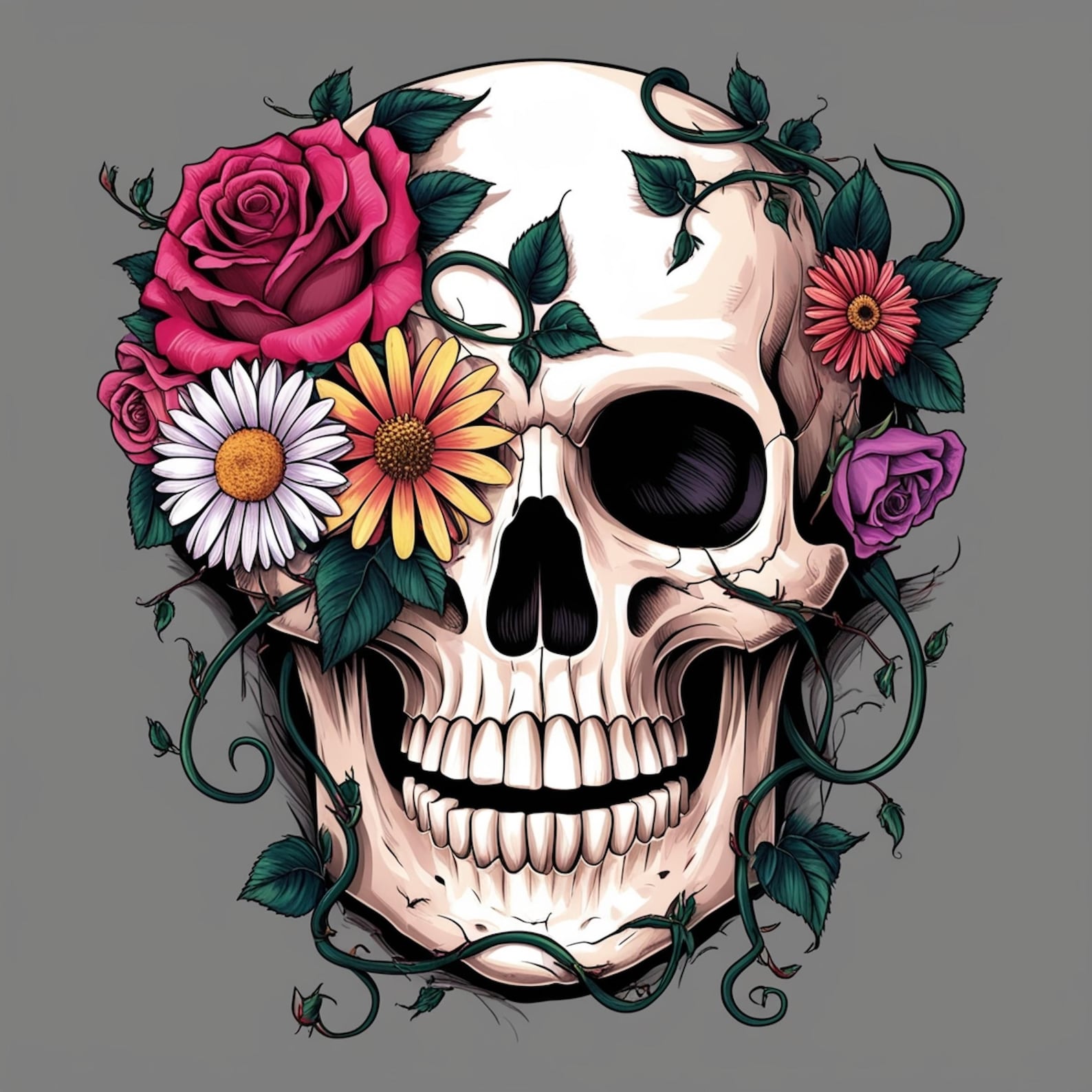 Skull With Flowers Tshirt Designs, 100 Downloadable Designs, 100 Skull ...