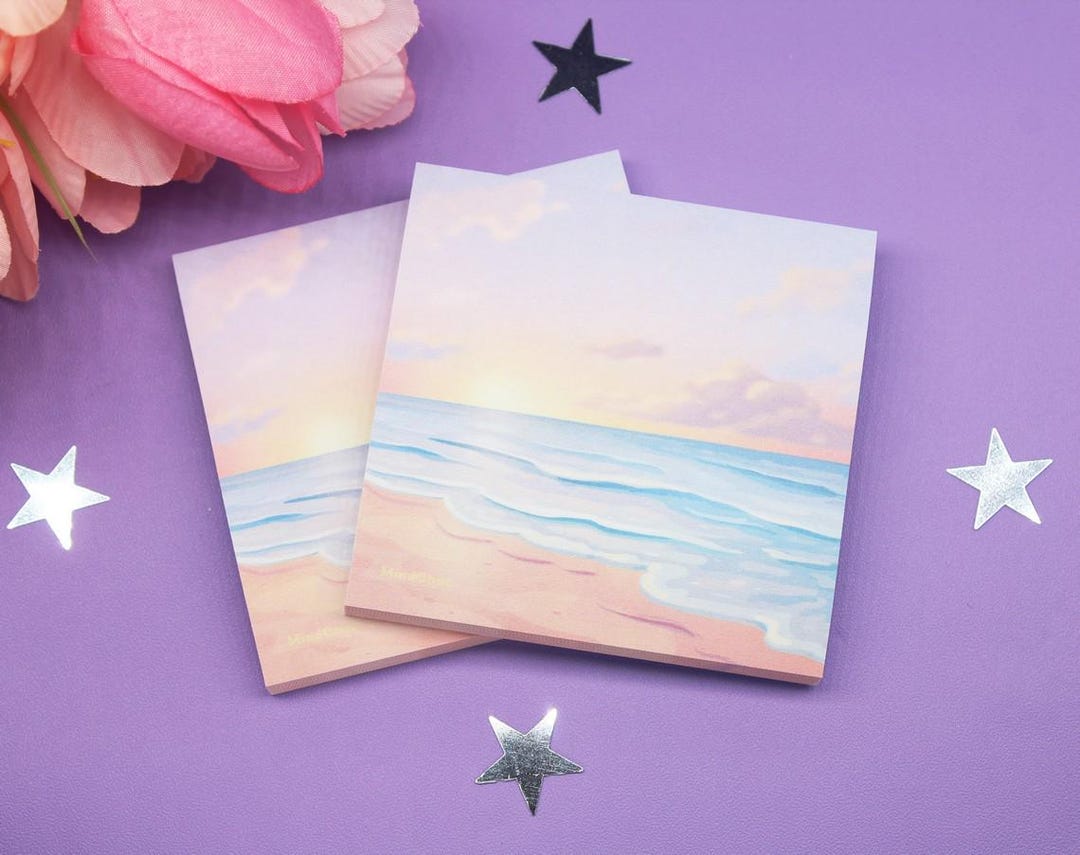 Beach Sunset Sticky Notes - Serene Ocean Memo Pads, Coastal Stationery ...