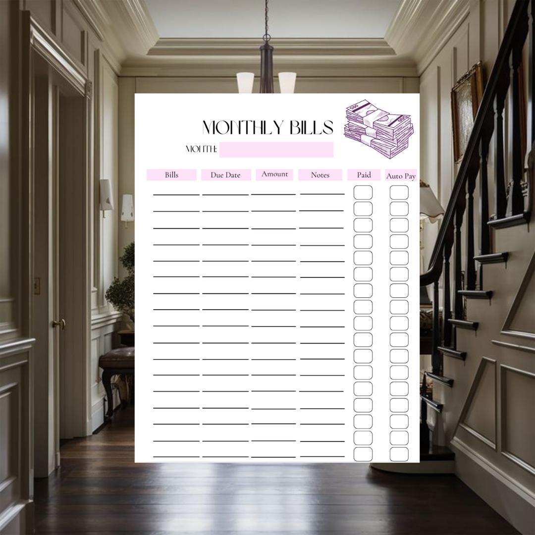 One Page Monthly Bills Printable - Etsy