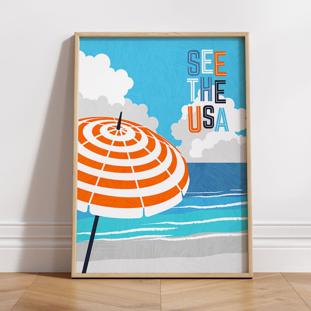 Retro Style Beach Travel Poster, USA Summer Travel Illustration, Wall ...
