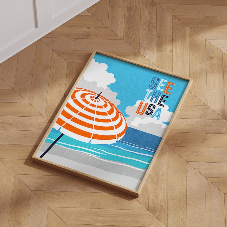 Retro Style Beach Travel Poster, USA Summer Travel Illustration, Wall ...