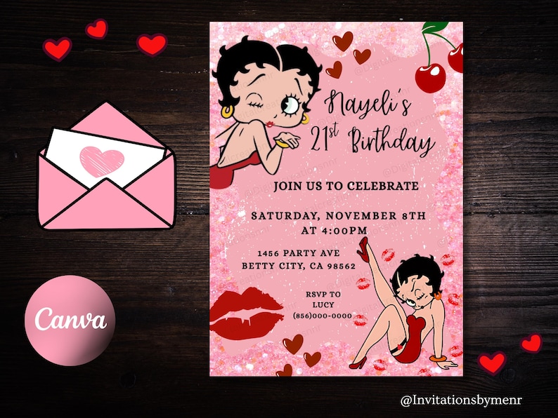 Betty Boop 21st Birthday Invitation | Pink Digital Editable Invite ...