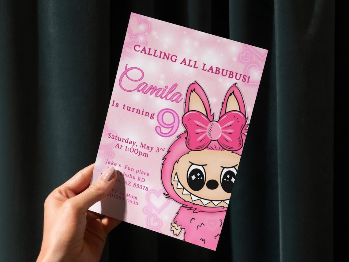 Labubu Girl Birthday Invitation, Editable Pink Labubu Party Invite ...