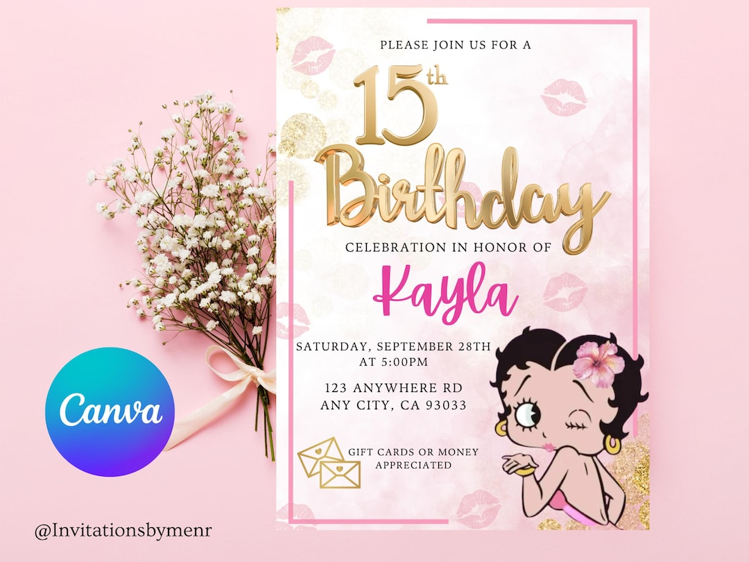 Betty Boop Quinceañera Invitation: Pink and Gold, Editable Template ...