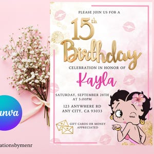 Betty Boop Quinceañera Invitation: Pink and Gold, Editable Template ...