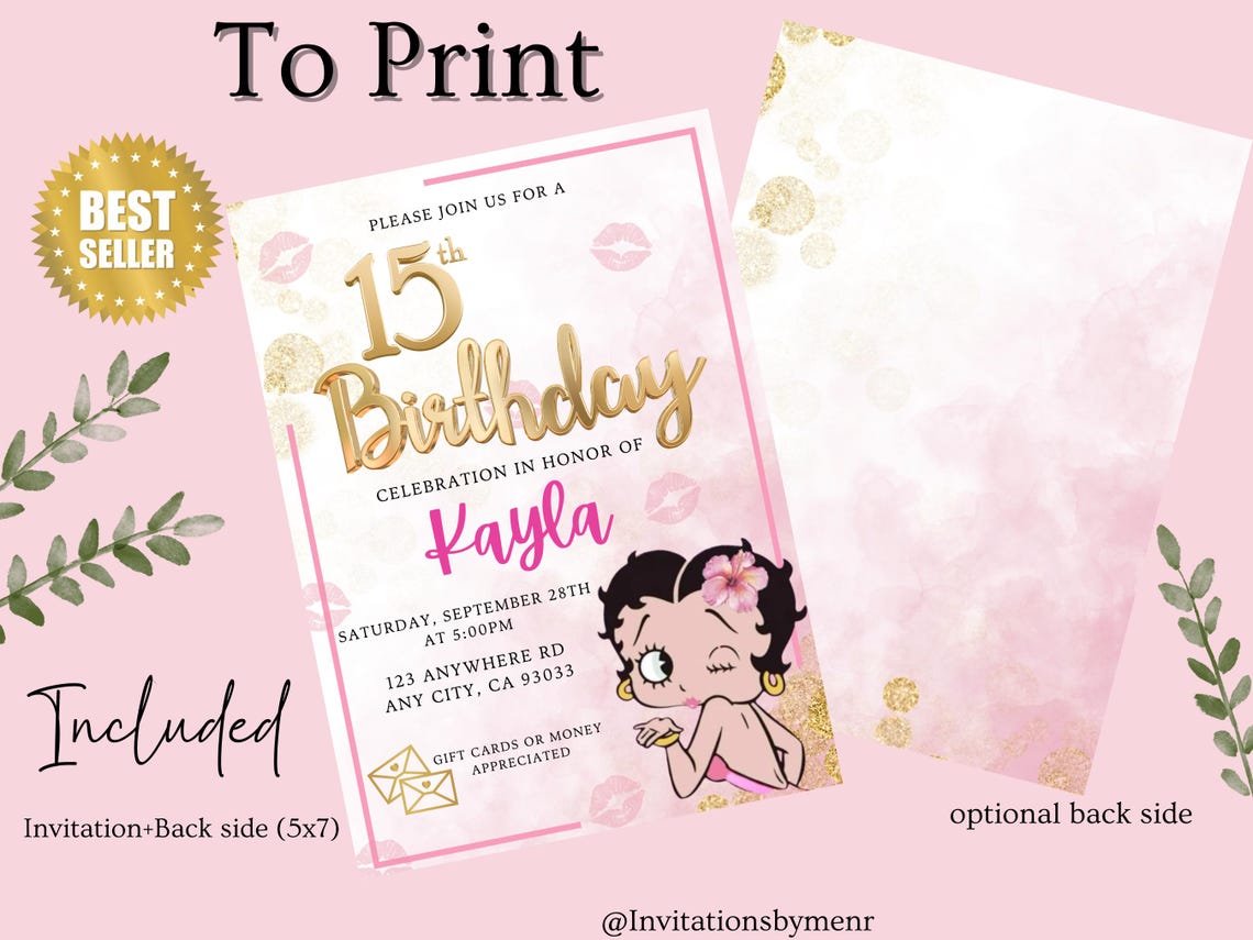 Betty Boop Quinceañera Invitation: Pink and Gold, Editable Template ...