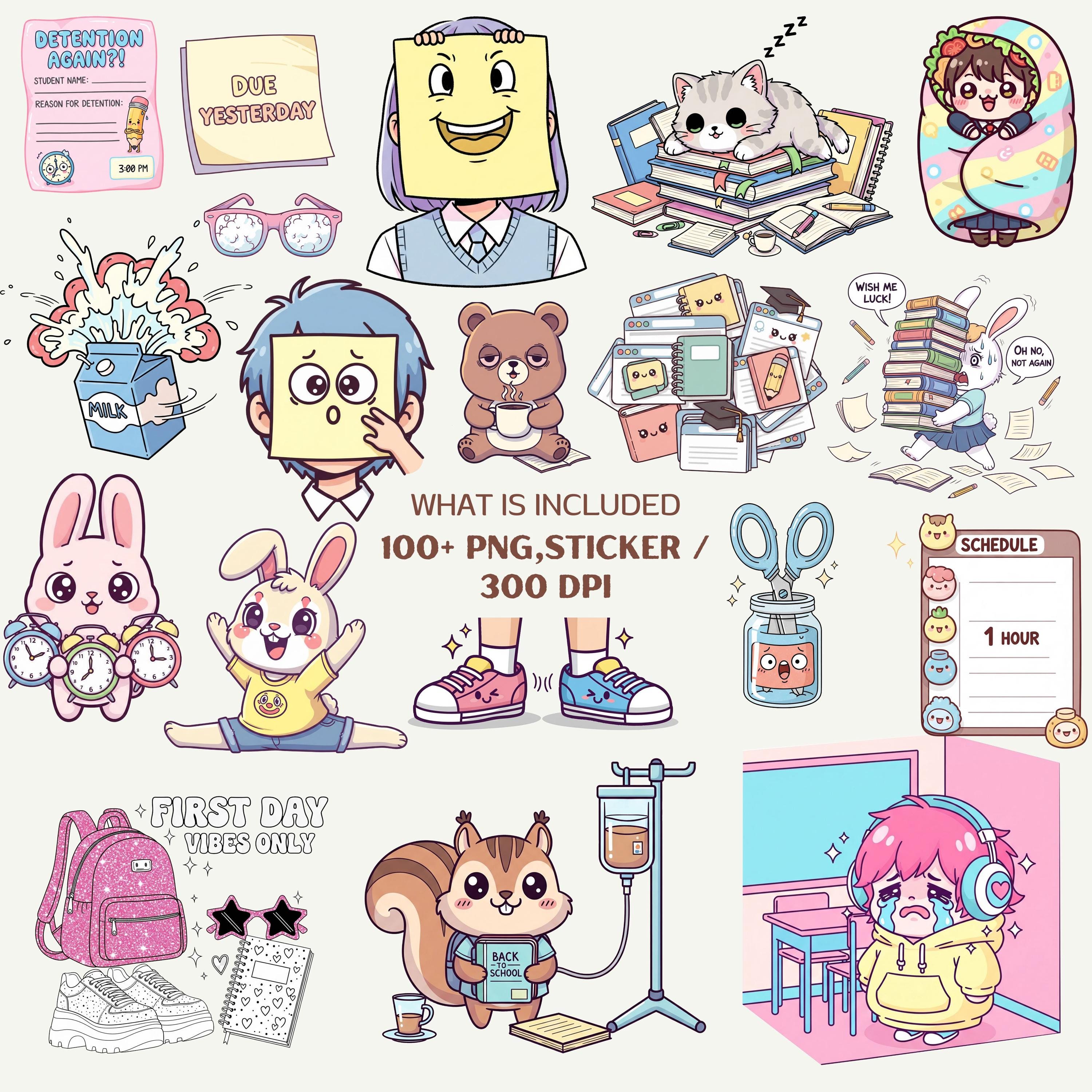Funny Back to School Clipart, Cute Kawaii School Png,chibi Stickers ...