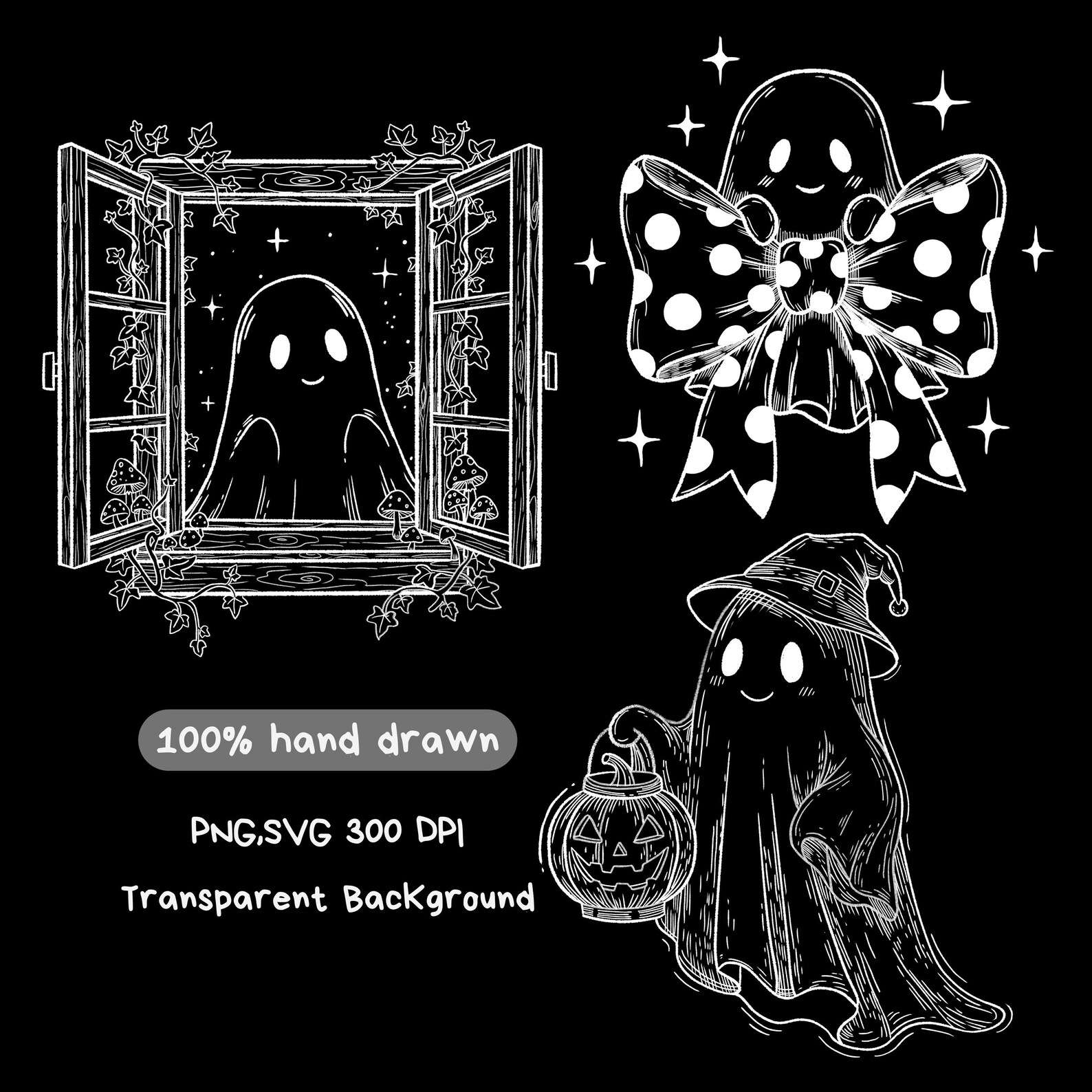 Spooky Cute Halloween Clipart,hand Drawn Spooky Cute Black Line Art Svg ...
