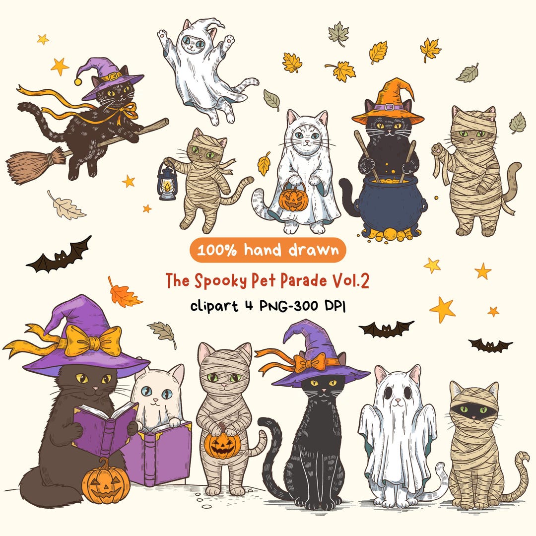 Halloween Cat Clipart PNG: Vintage Spooky Pet Costumes (digital ...