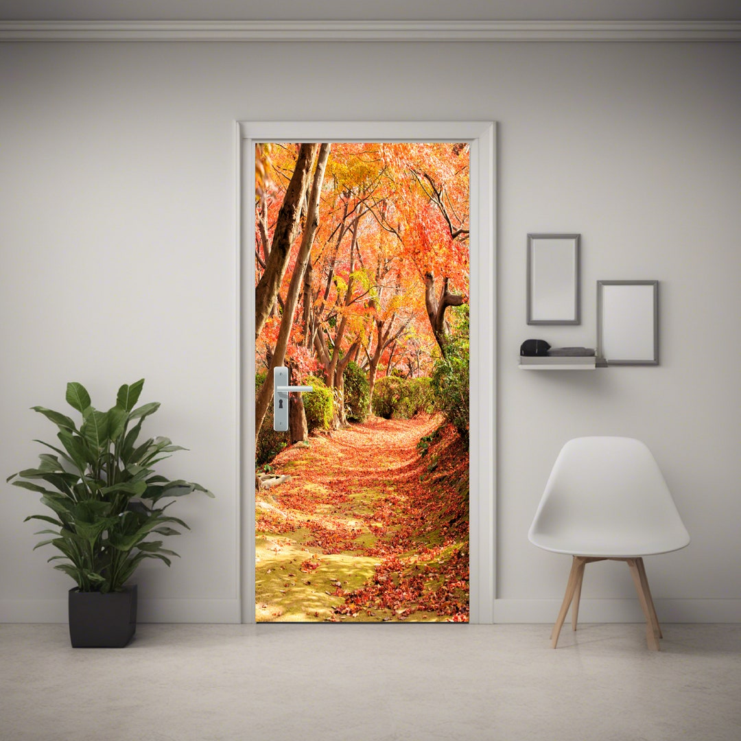 Autumn Door Sticker, Forest Road and Leaf Fall, Hotel Door Sticker ...