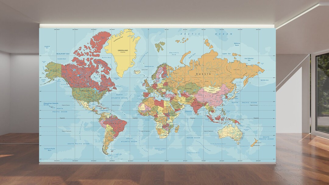 Geography World Map Wallpaper, Scenic Wall Mural, Educational World Map ...
