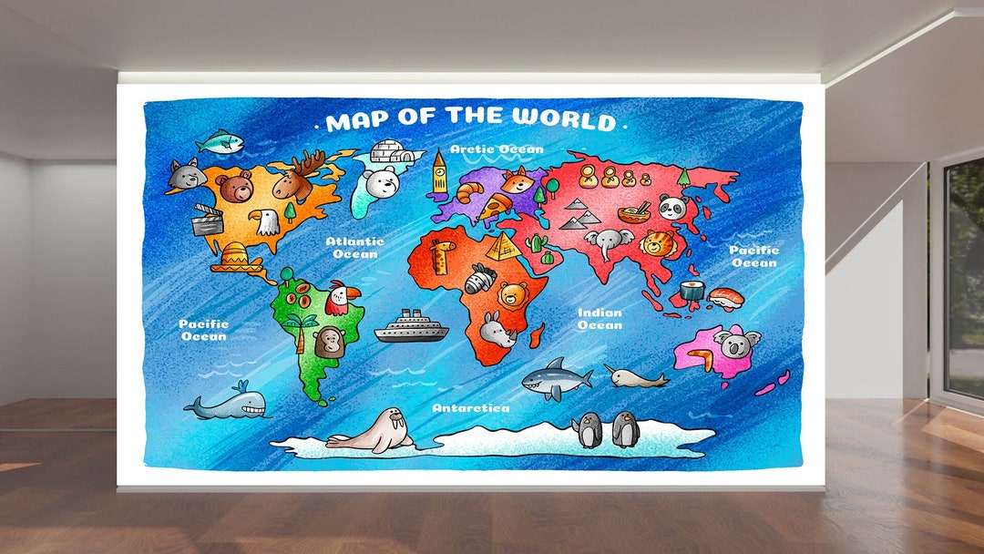 Kindergarten World Map, Animals Oceans and Continents Wallpaper for ...